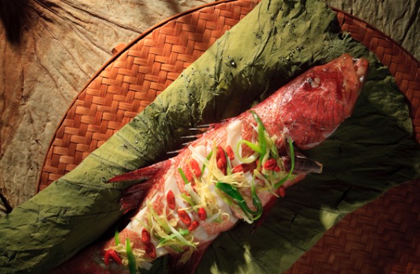 Steamed Coral Cod with Goji on Lotus Leaf | Asian Inspirations