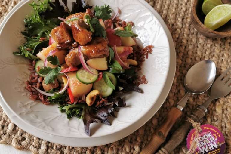 Caramel Tamarind Pork with Thai Red Jasmine Rice & White Peach Salad ...