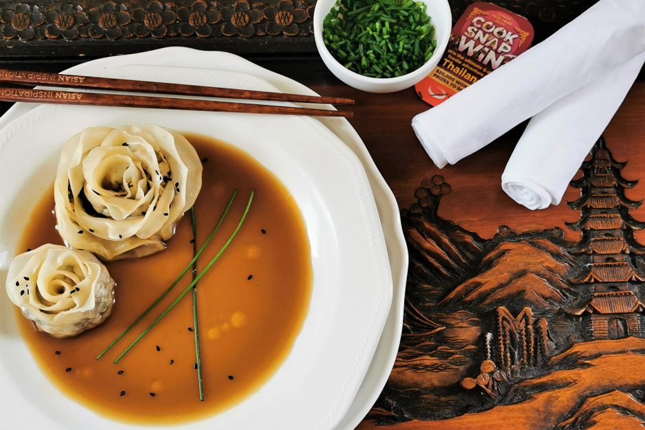 Flower Blossom Dumplings in Sesame & Shiitake Mushroom Broth | Asian ...